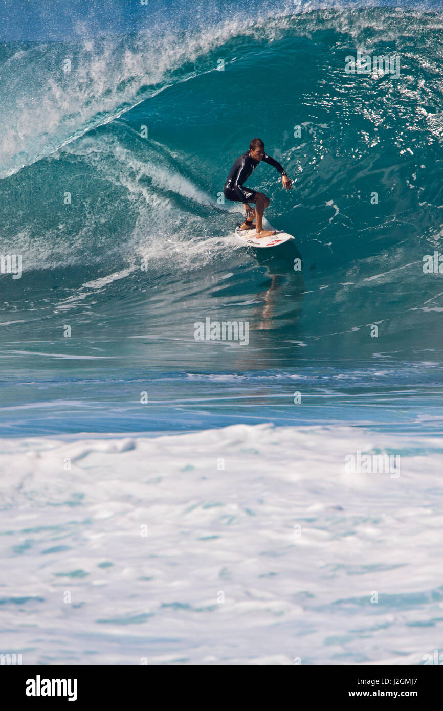USA, Hawaii, Oahu, Surfers in Action at the Pipeline on the North Coast ...