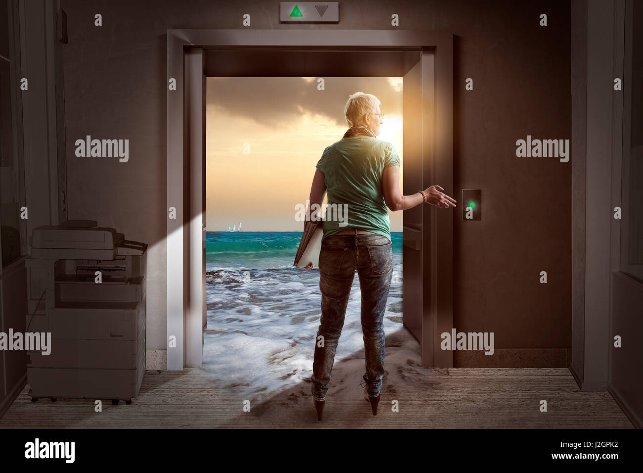 Woman in the office has a daydream Stock Photo - Alamy