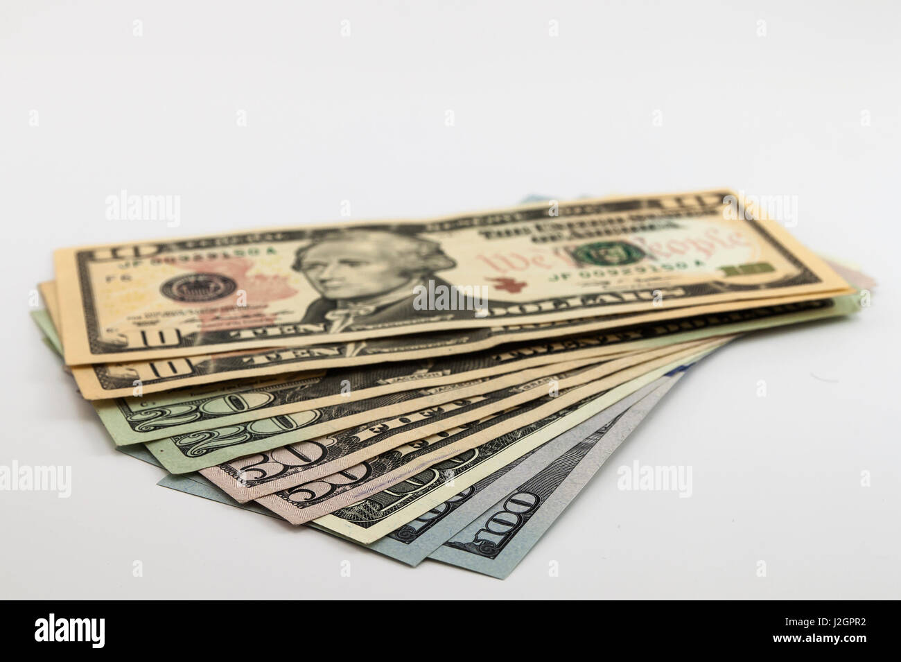 US american dollar money bills spread on white background Stock Photo ...