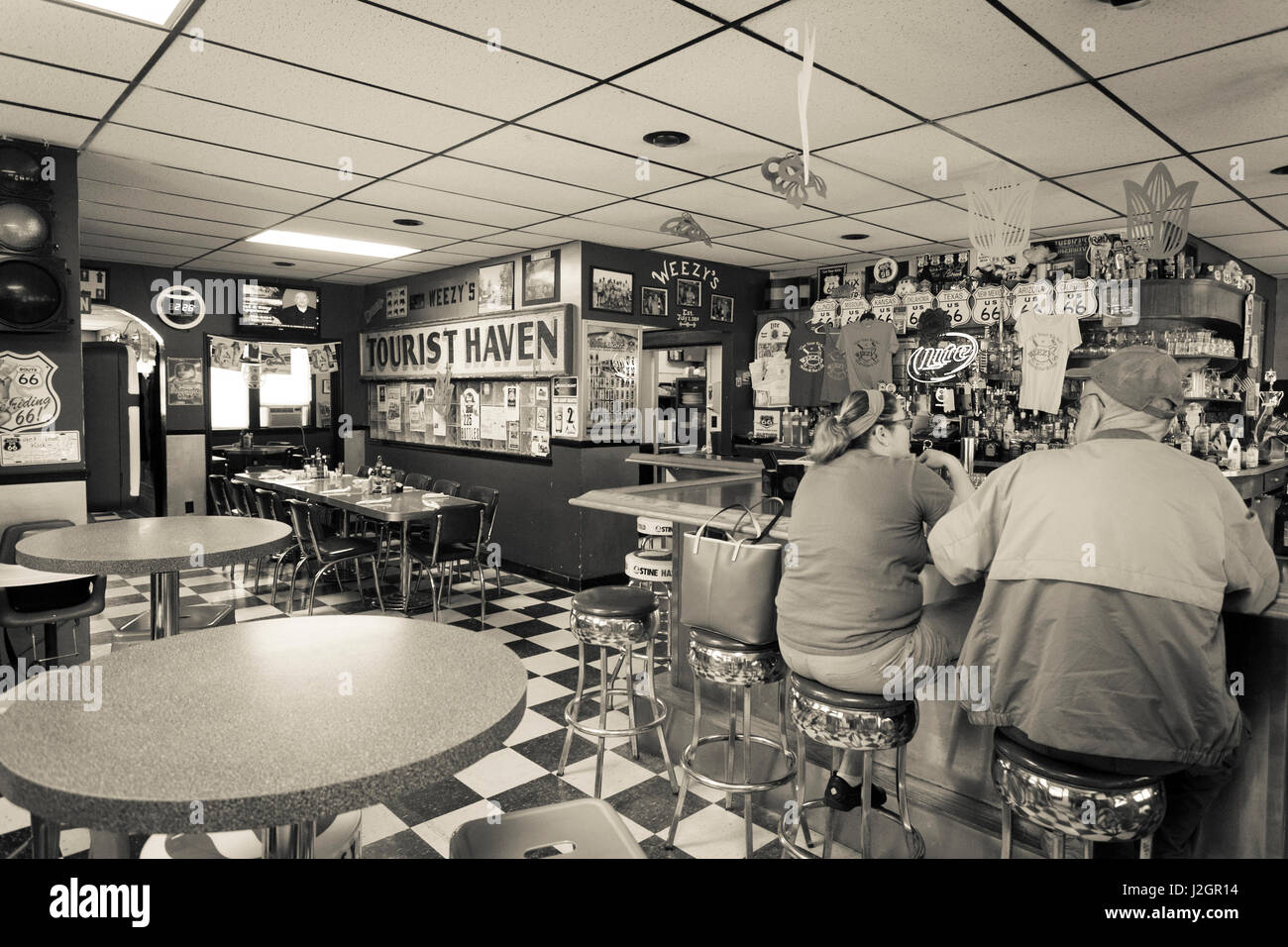 People enjoying a meal at a diner, Mitchell, Illinois, USA. Route 66 ...