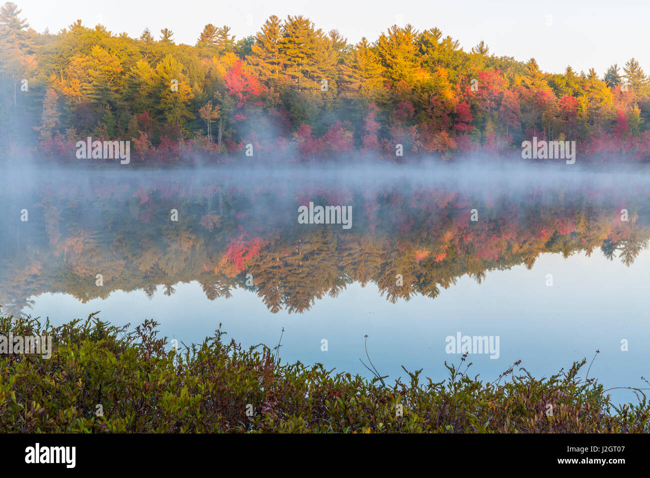 Morning mist rises from Round Pond in Barrington, New Hampshire. Fall ...