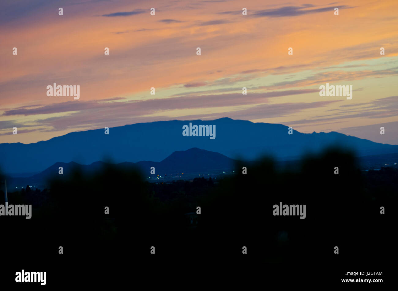 USA, New Mexico, Santa Fe, Sunset from Hyde Park Road at Avenida ...