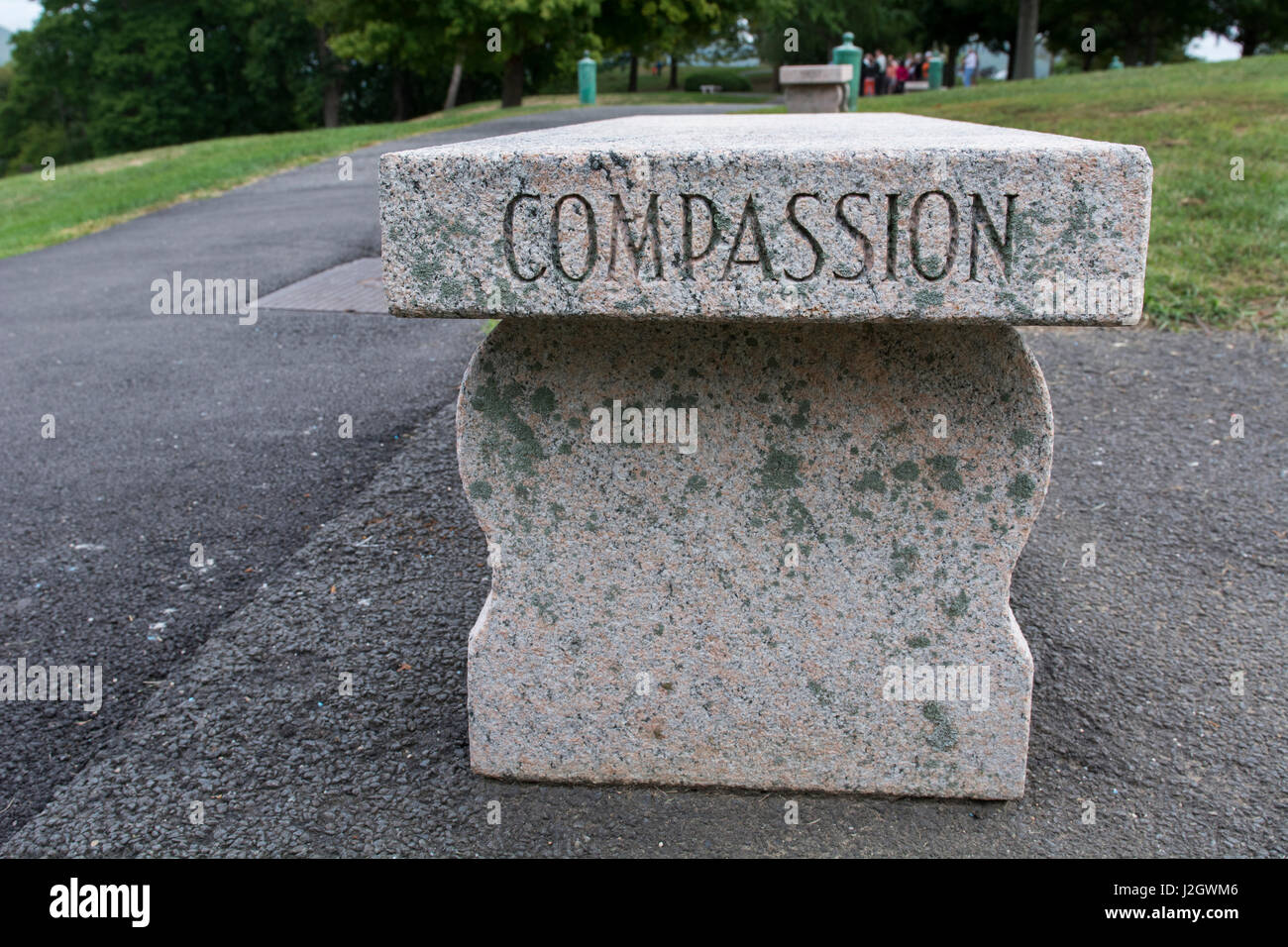 New York, West Point, Trophy Point. Carved word 'compassion' on stone ...