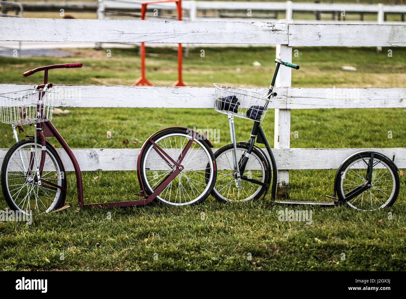 Lancaster County, Pennsylvania. Pair of Amish Scooter Bikes Lean ...