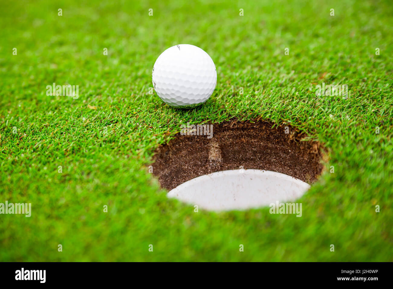 Golf ball on green meadow. golf ball on lip of cup Stock Photo - Alamy