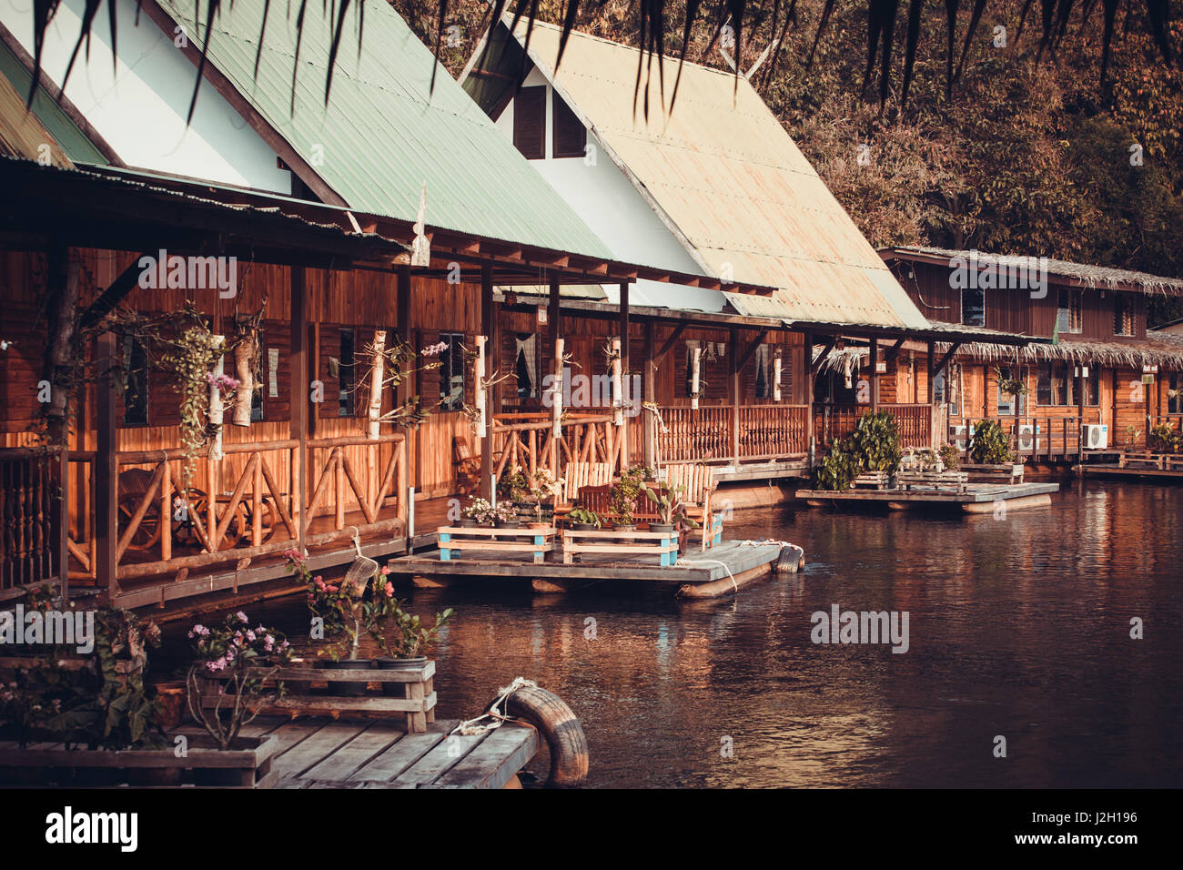 hotel on River Kwai in Kanchanaburi province, Thailand. Floating houses ...