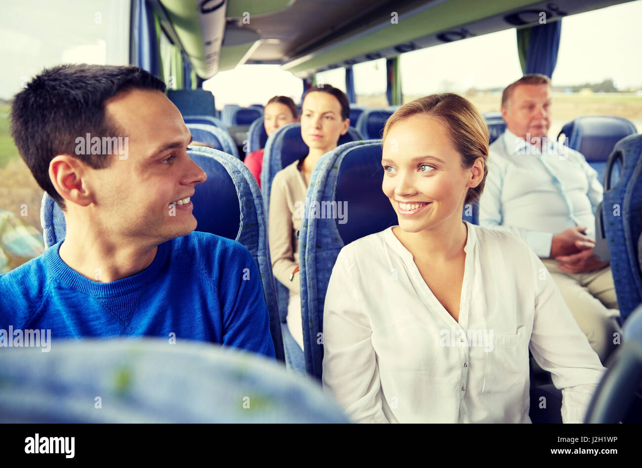group of happy passengers in travel bus Stock Photo - Alamy