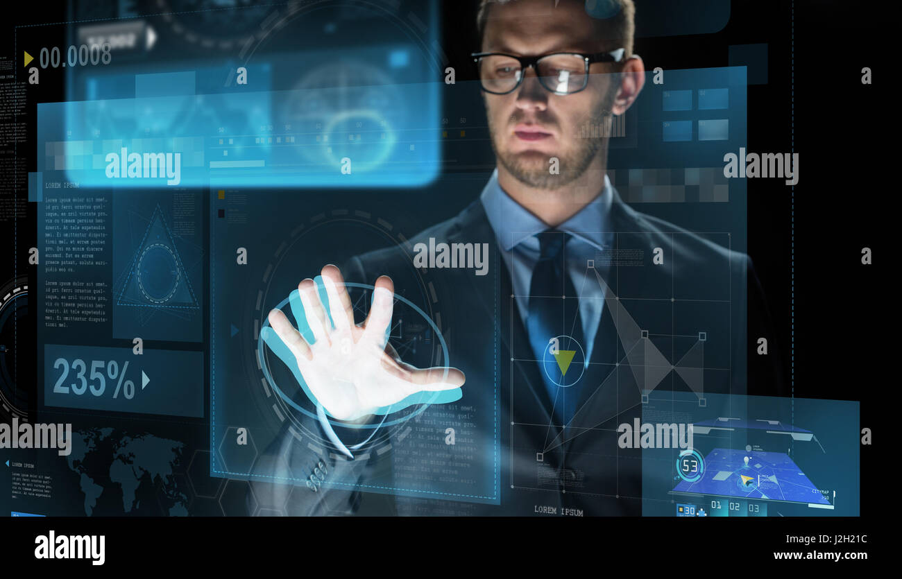 businessman touching virtual screen projection Stock Photo - Alamy