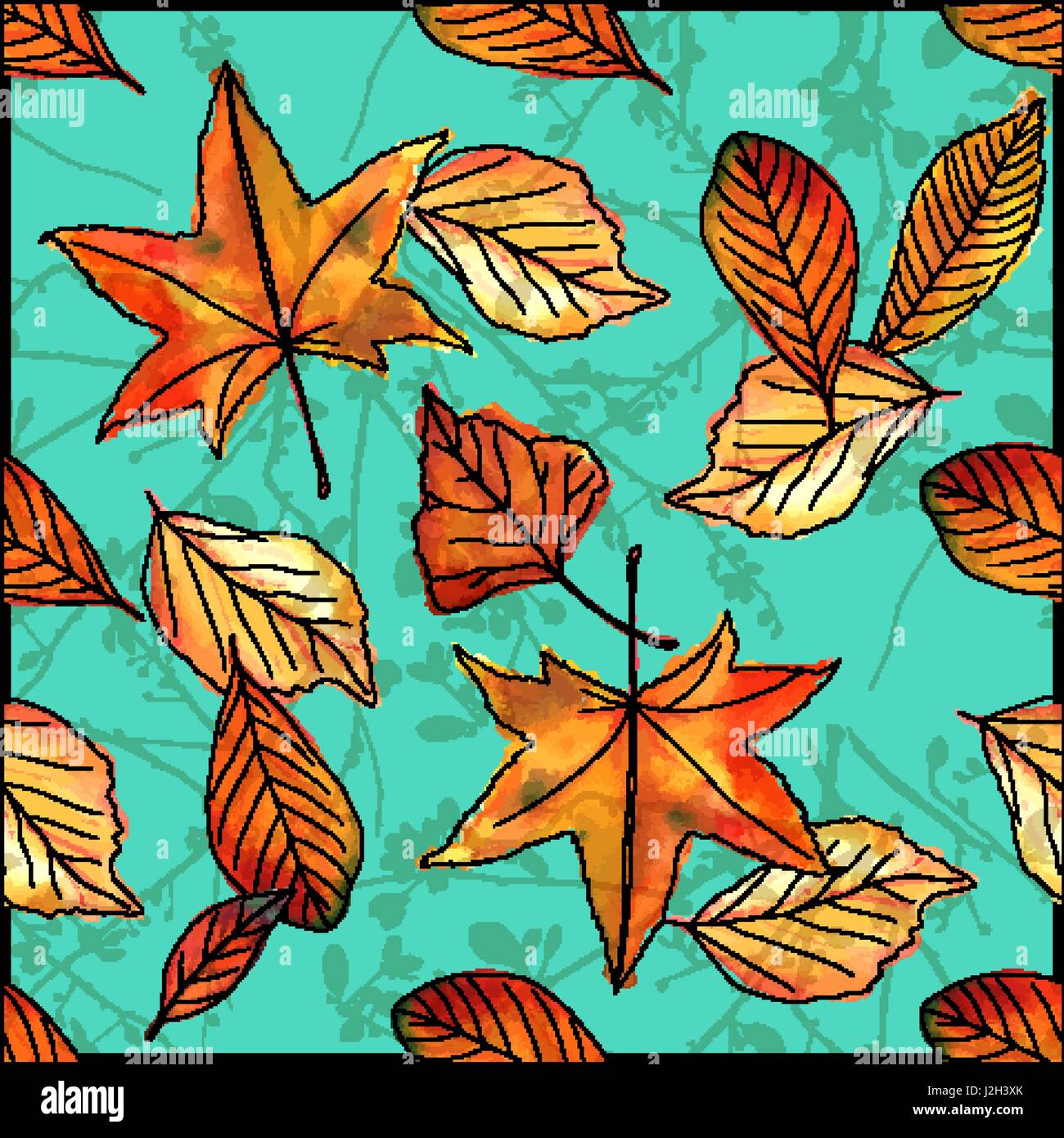Autumn leaves on teal background, seamless vector watercolor Stock ...