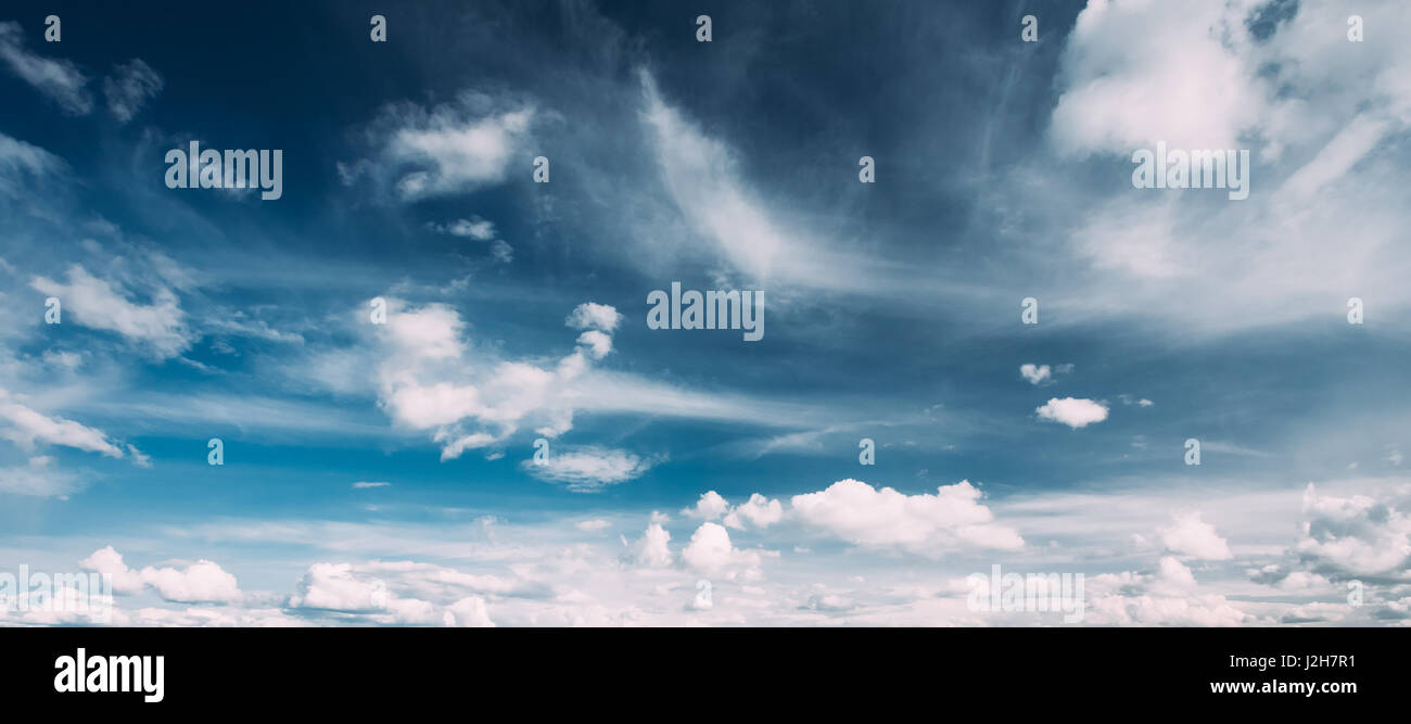 Panorama Of Bright Blue Sky With White Fluffy Clouds. Cloudy Sky. Blue Sunny Cloudscape ...
