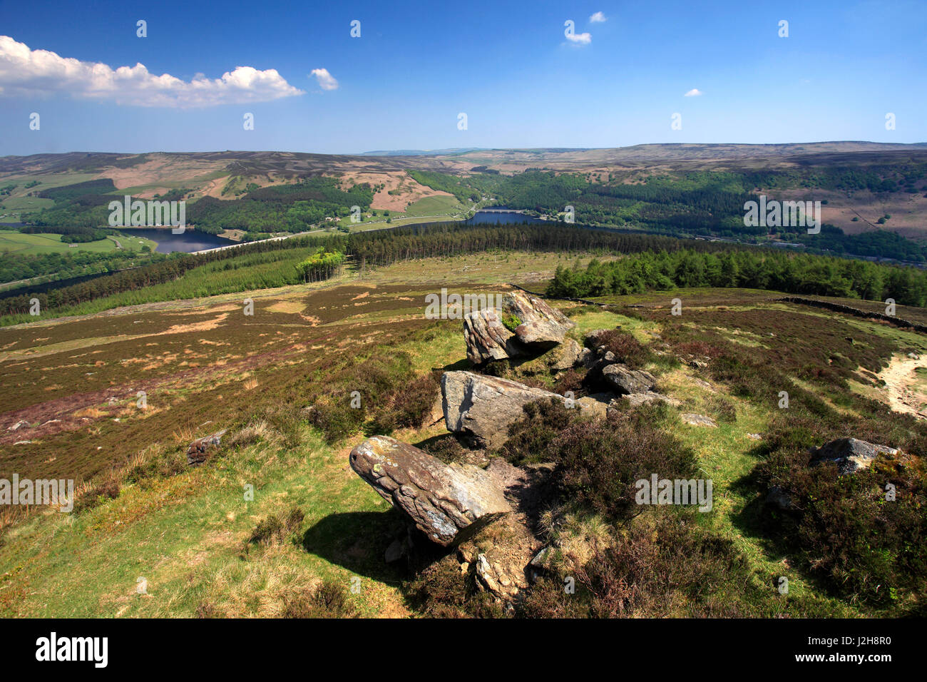 Summer view from Win Hill over Ladybower reservoir, Derwent Valley ...
