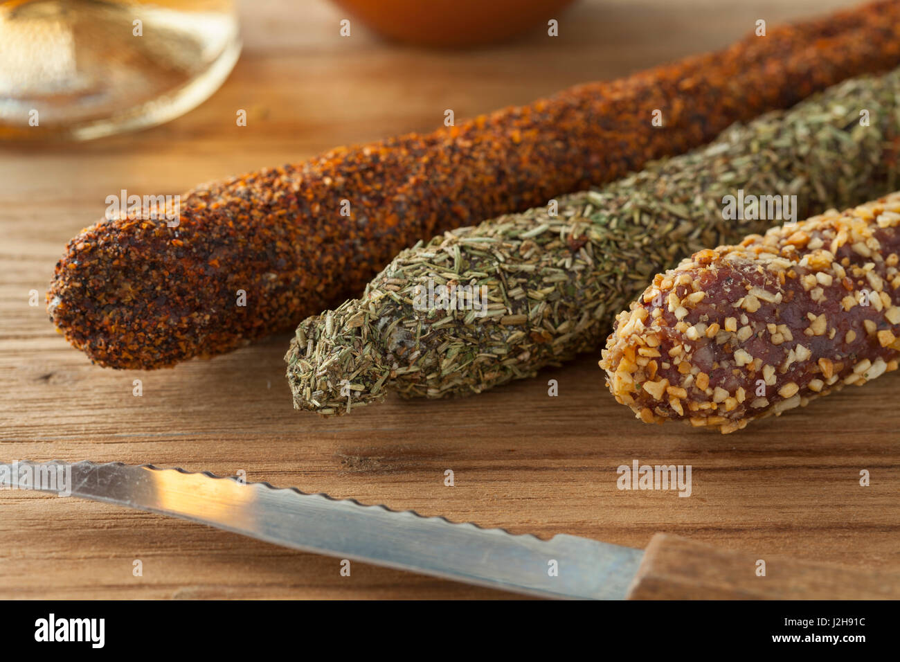 Spiced spanish fuet sausages in three different flavors as a snack ...