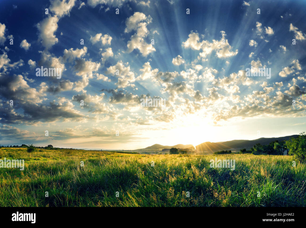 Green Field and Light Rays Stock Photo - Alamy