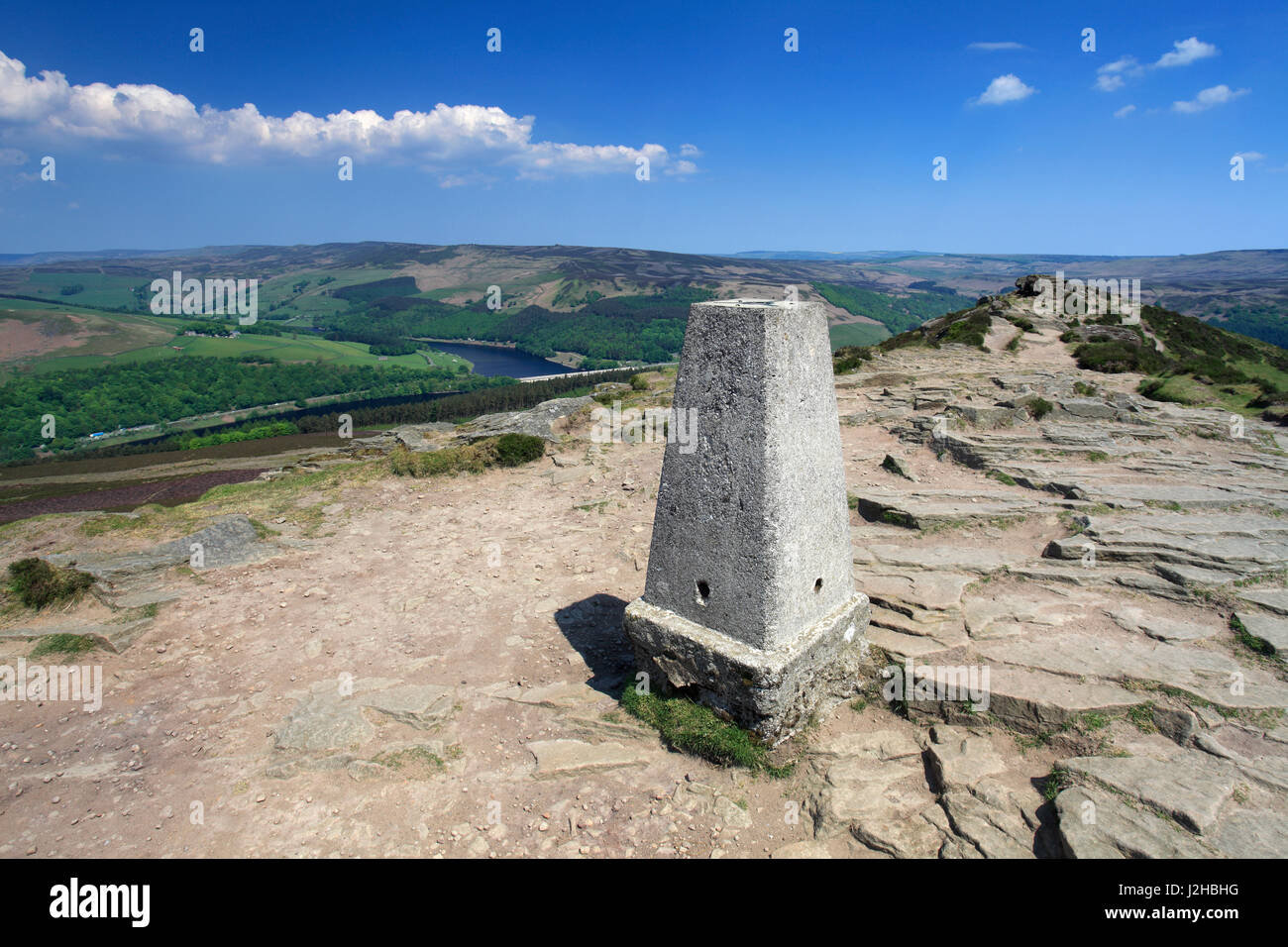 OS Trig Point on Win Hill over Ladybower reservoir, Derwent Valley ...