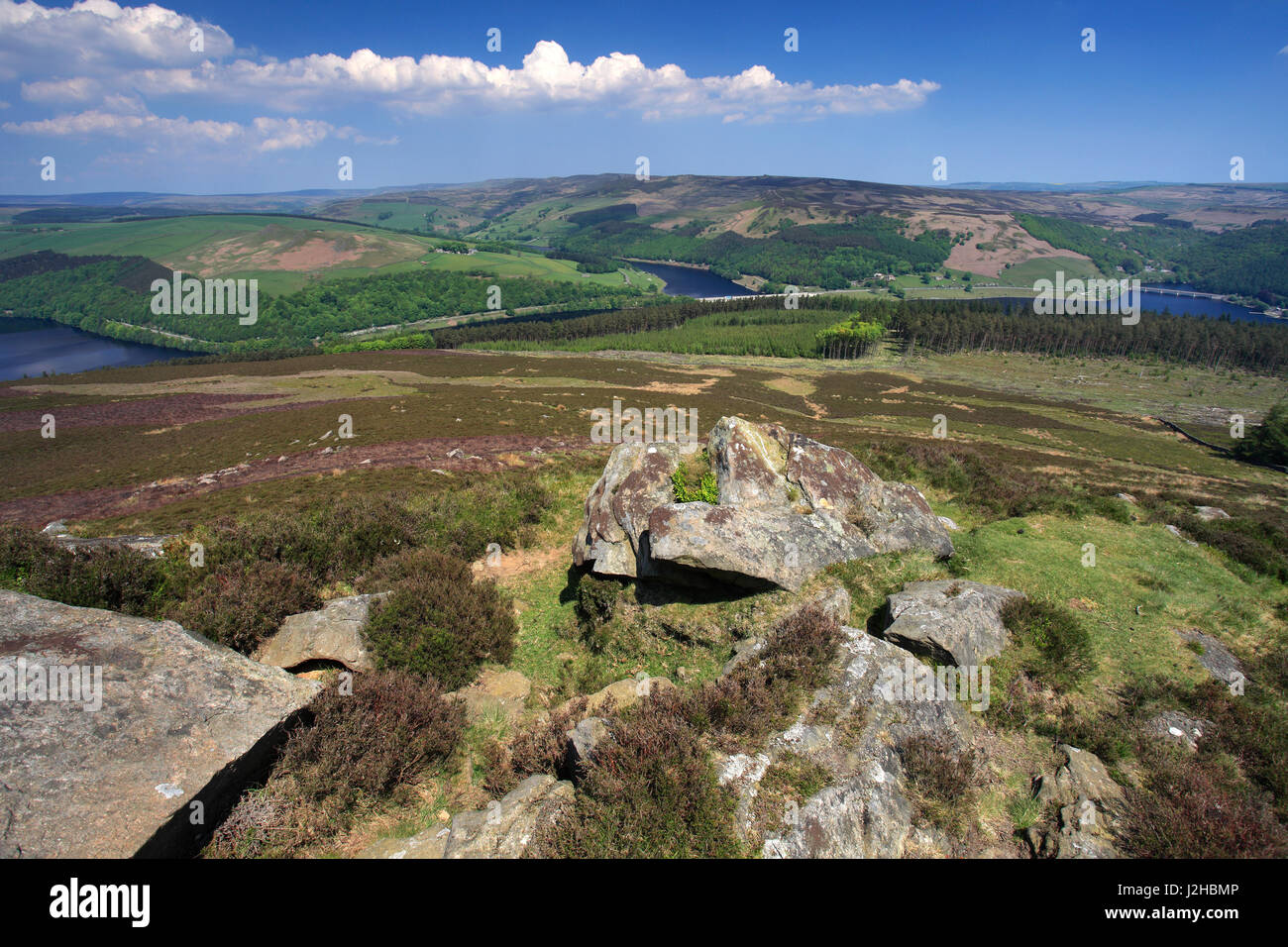 Summer view from Win Hill over Ladybower reservoir, Derwent Valley ...