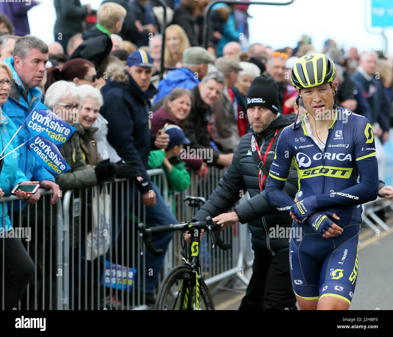 Magnus Cort Nielsen of team Orica Scott walks injured over the ...