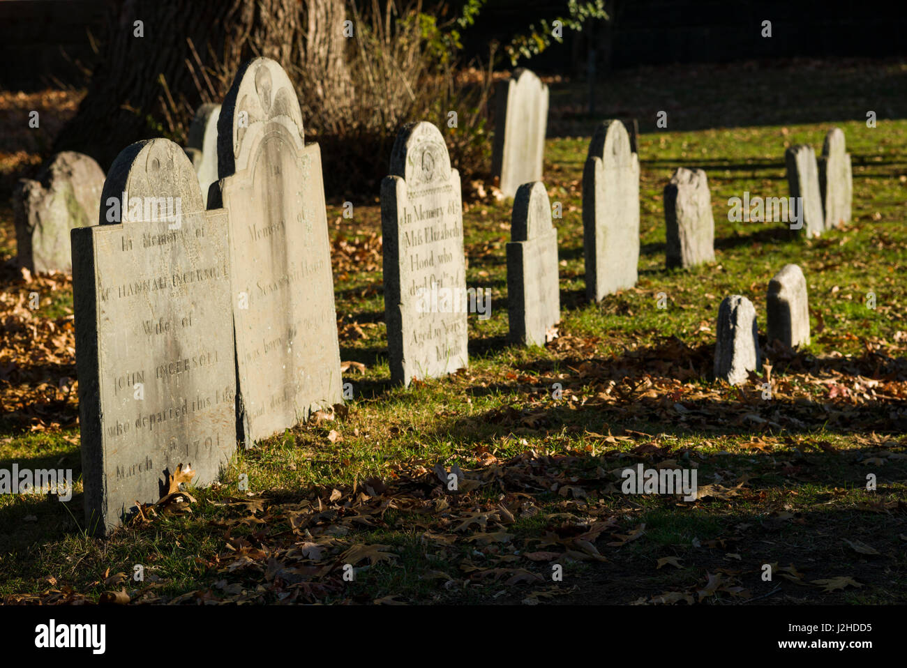 USA, Massachusetts, Salem, gravestone at The Burying Point cemetery ...