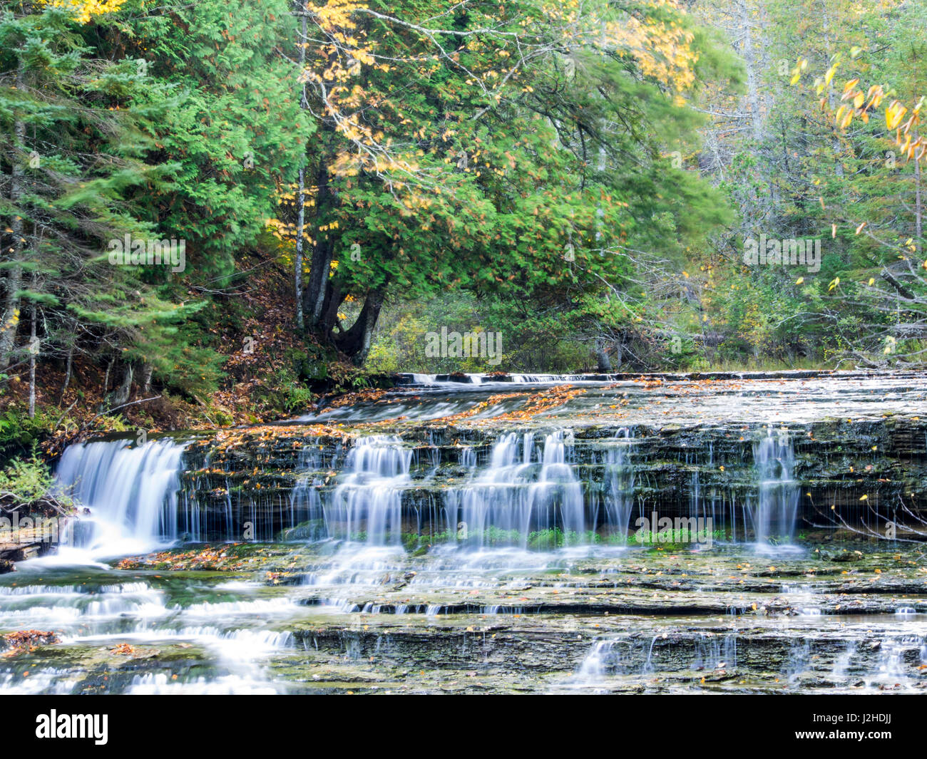 USA, Michigan, Upper Peninsula. Lower Au train Falls, autumn waterfall ...