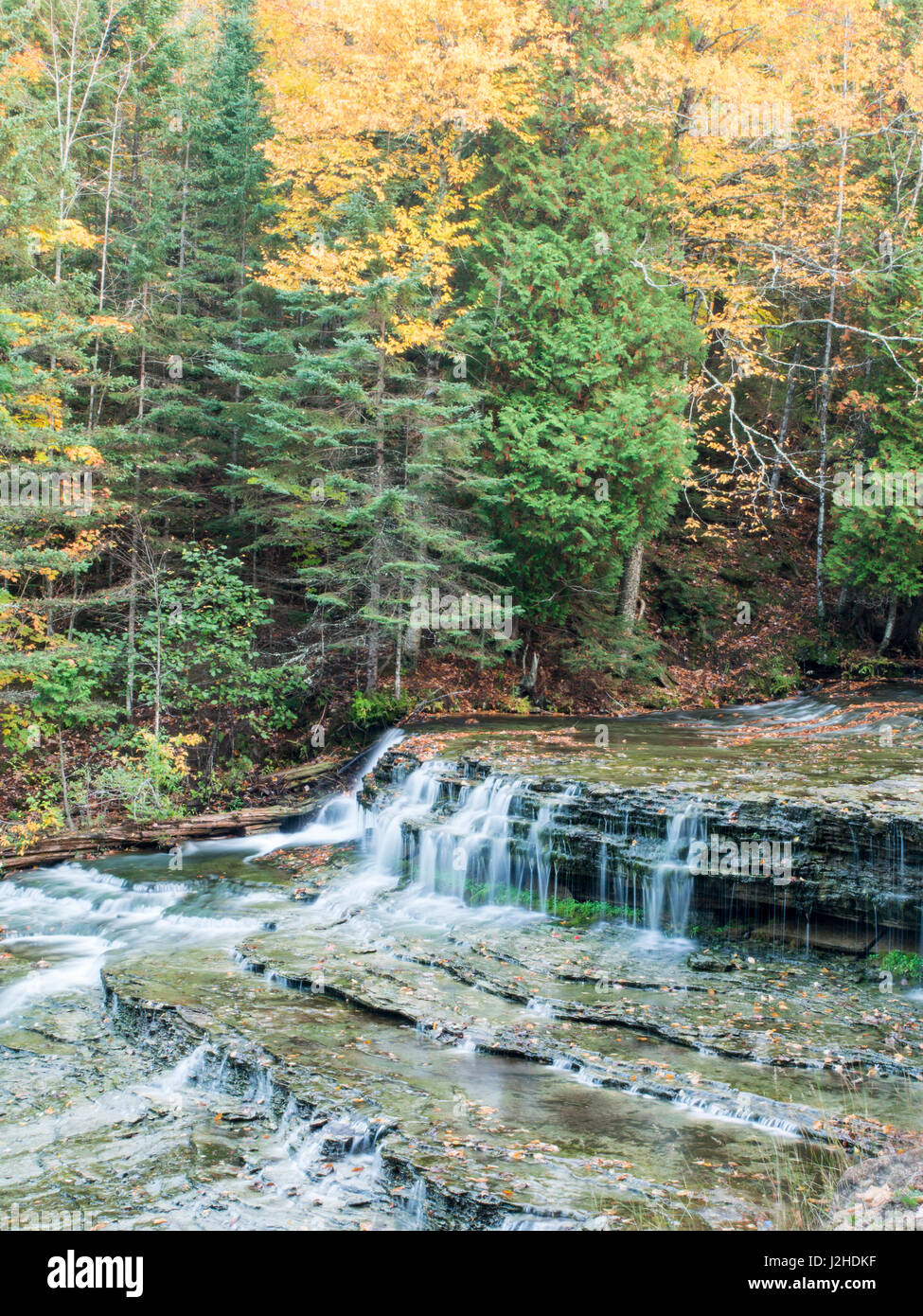 USA, Michigan, Upper Peninsula. Lower Au train Falls, autumn waterfall ...
