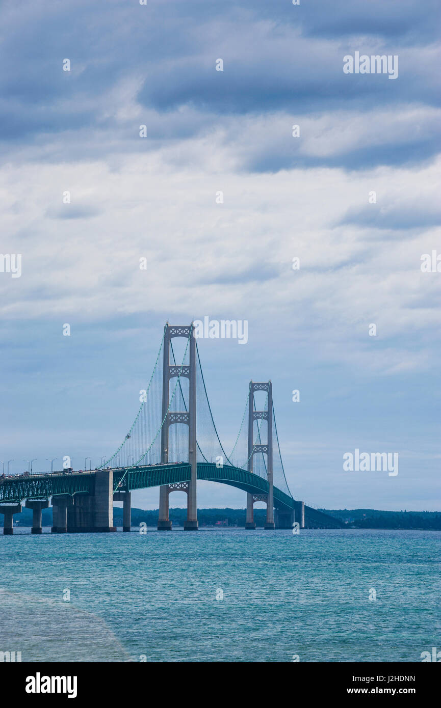 Mackinac bridge over the shores of two of the Great Lakes Michigan and ...