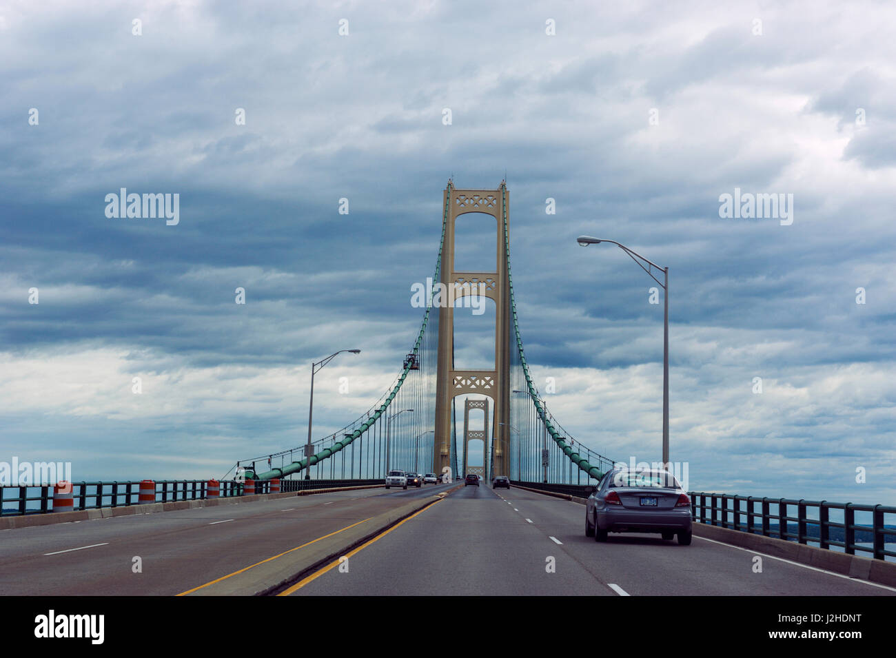 Mackinac bridge over the shores of two of the Great Lakes Michigan and ...