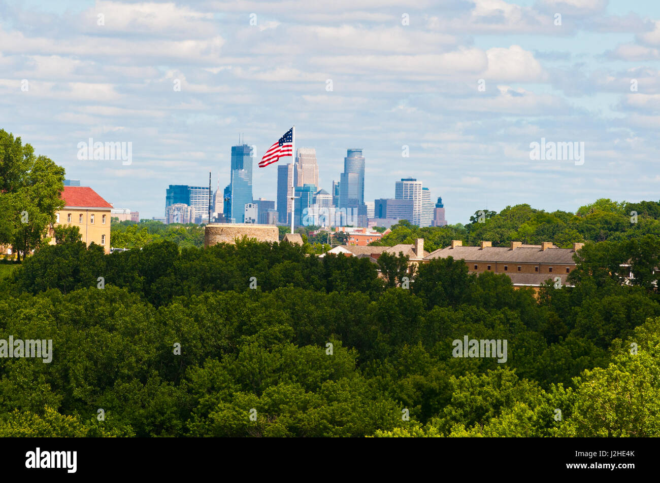 Minnesota, Minneapolis skyline Fort Snelling Round Tower Foreground ...