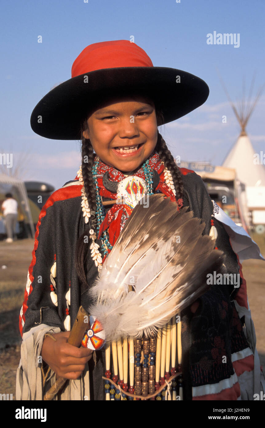Young Canadian Blackfeet Tribal member in traditional tall reservation ...