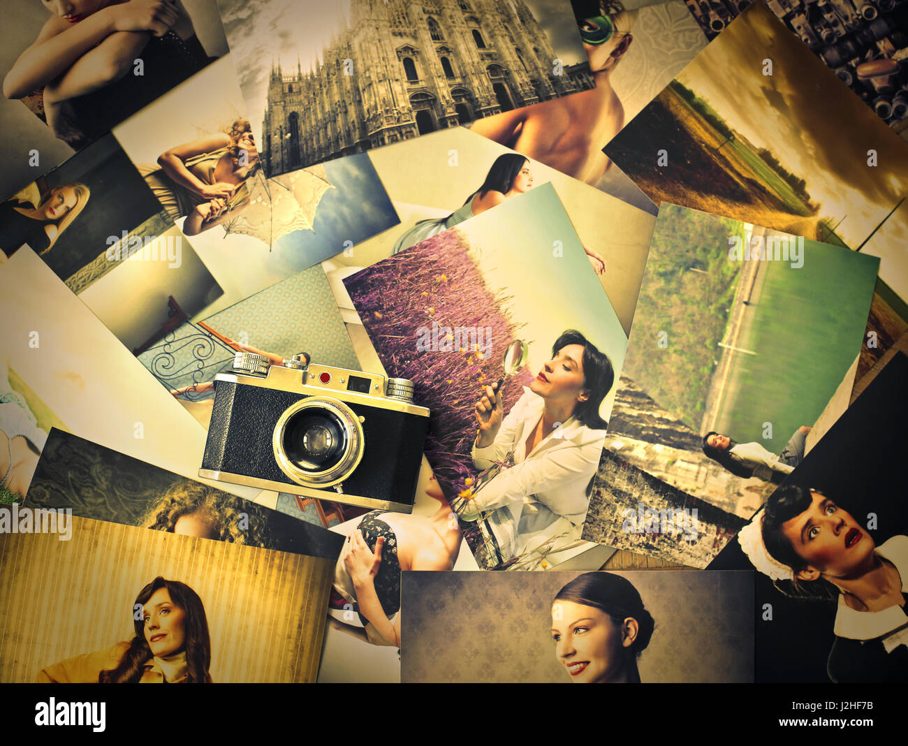 Retro photos on table Stock Photo - Alamy