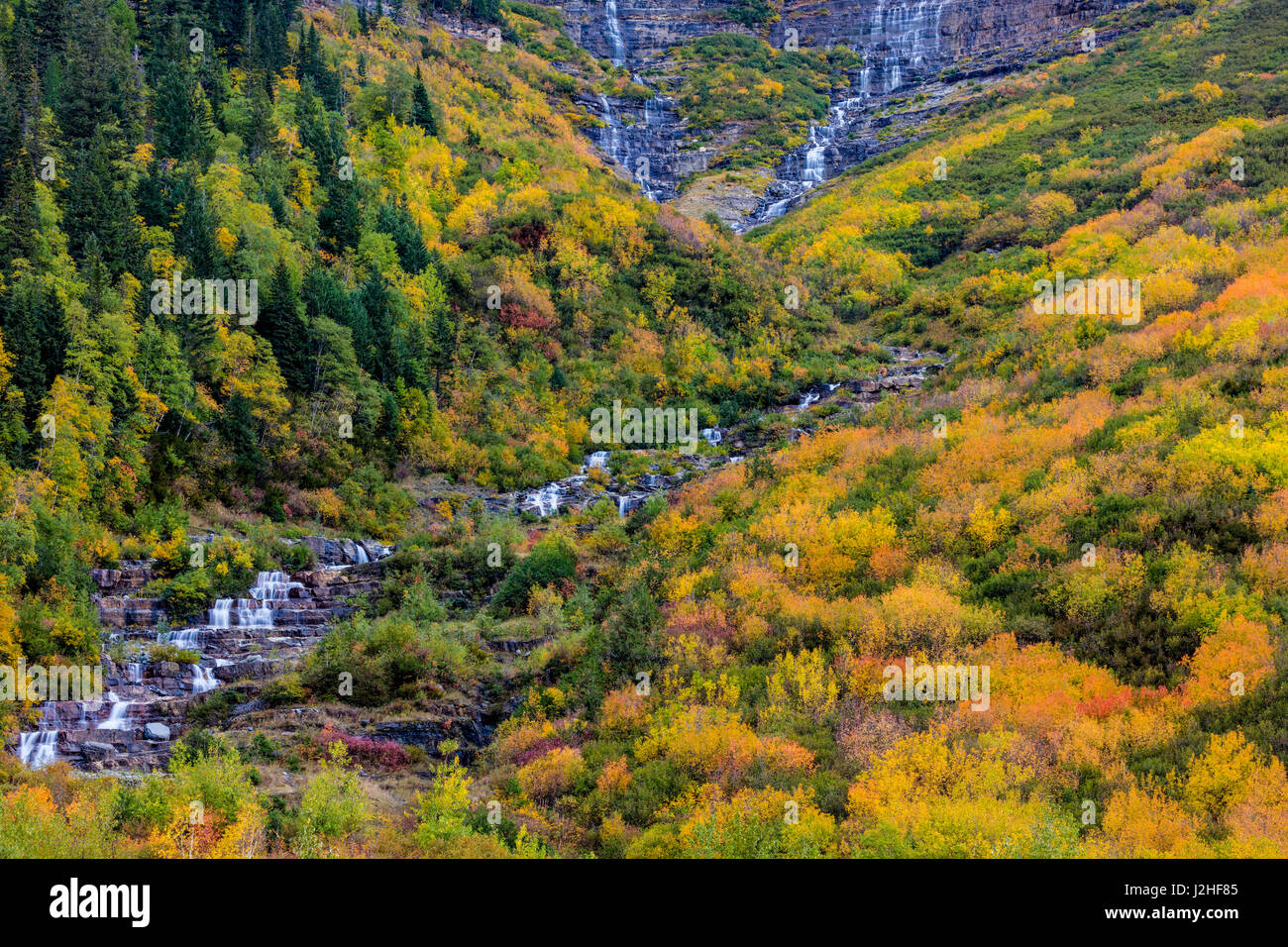 Colorful autumn hues along Mount Cannon waterfall in Glacier National ...