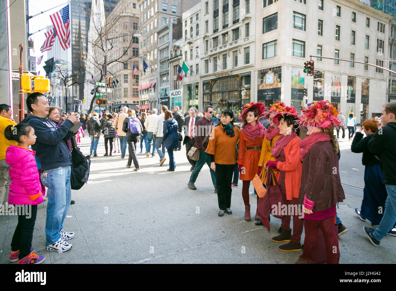 New York City, NY, USA. Group of women in Easter Parade hats pose for a ...
