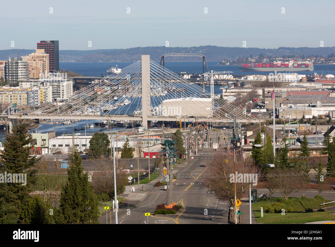WA, Tacoma, Tacoma cable-stayed bridge over Thea Foss Waterway Stock ...