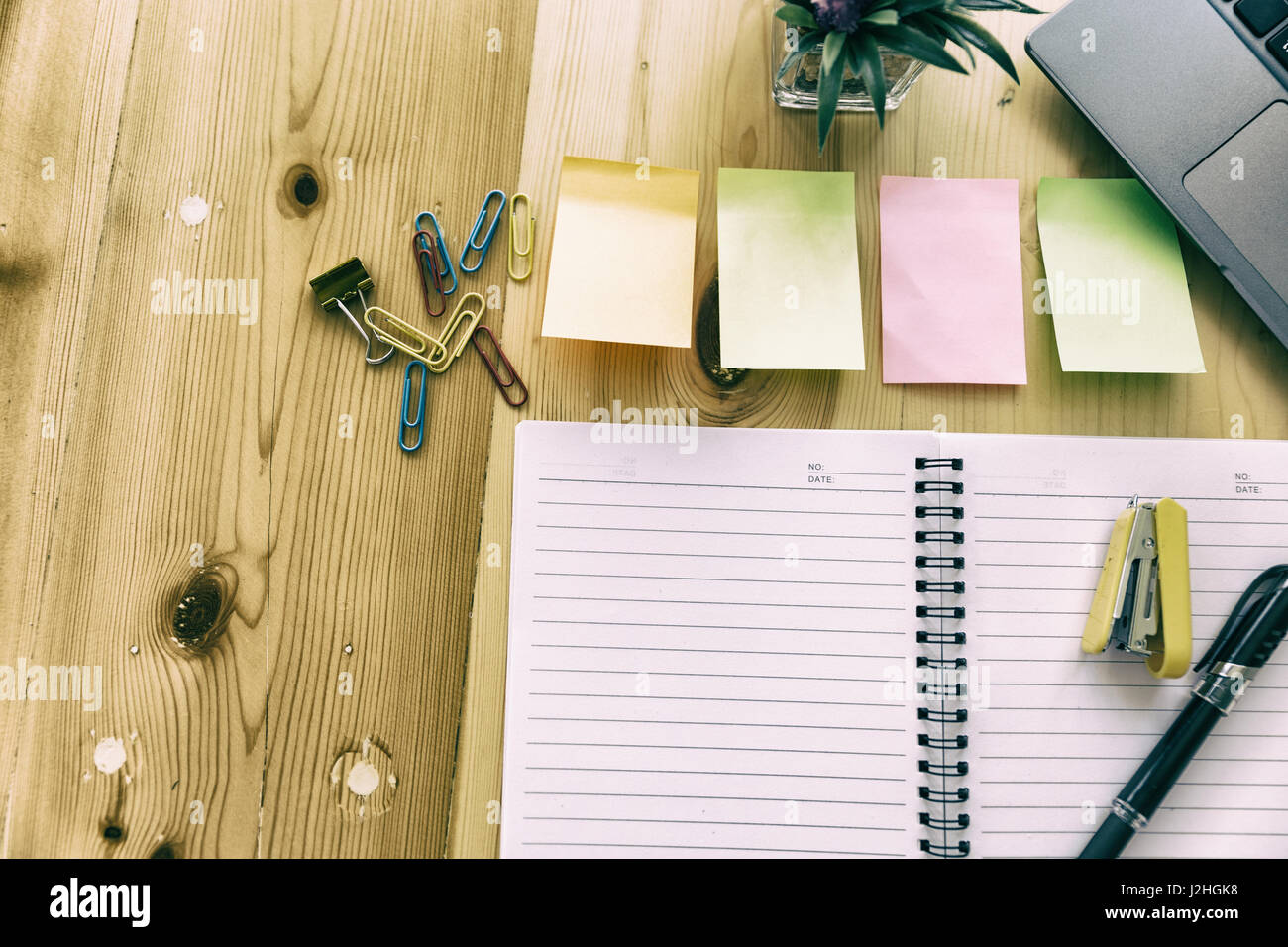 wood office table with notebook, pen, sticky note. top view Stock Photo ...