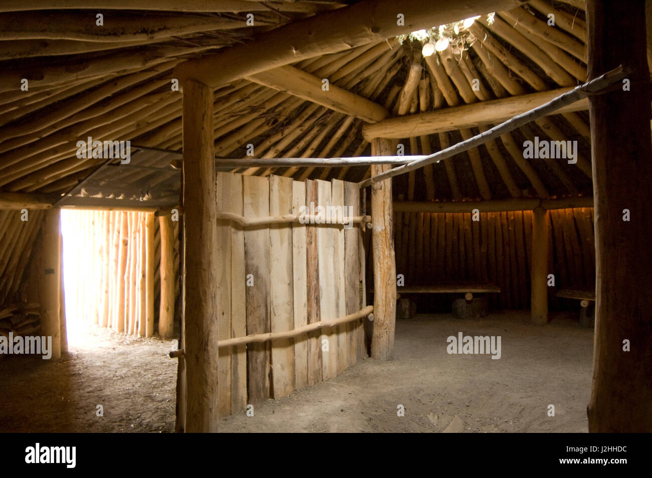 Interior of the traditional Mandan dome shaped lodge built with sturdy ...