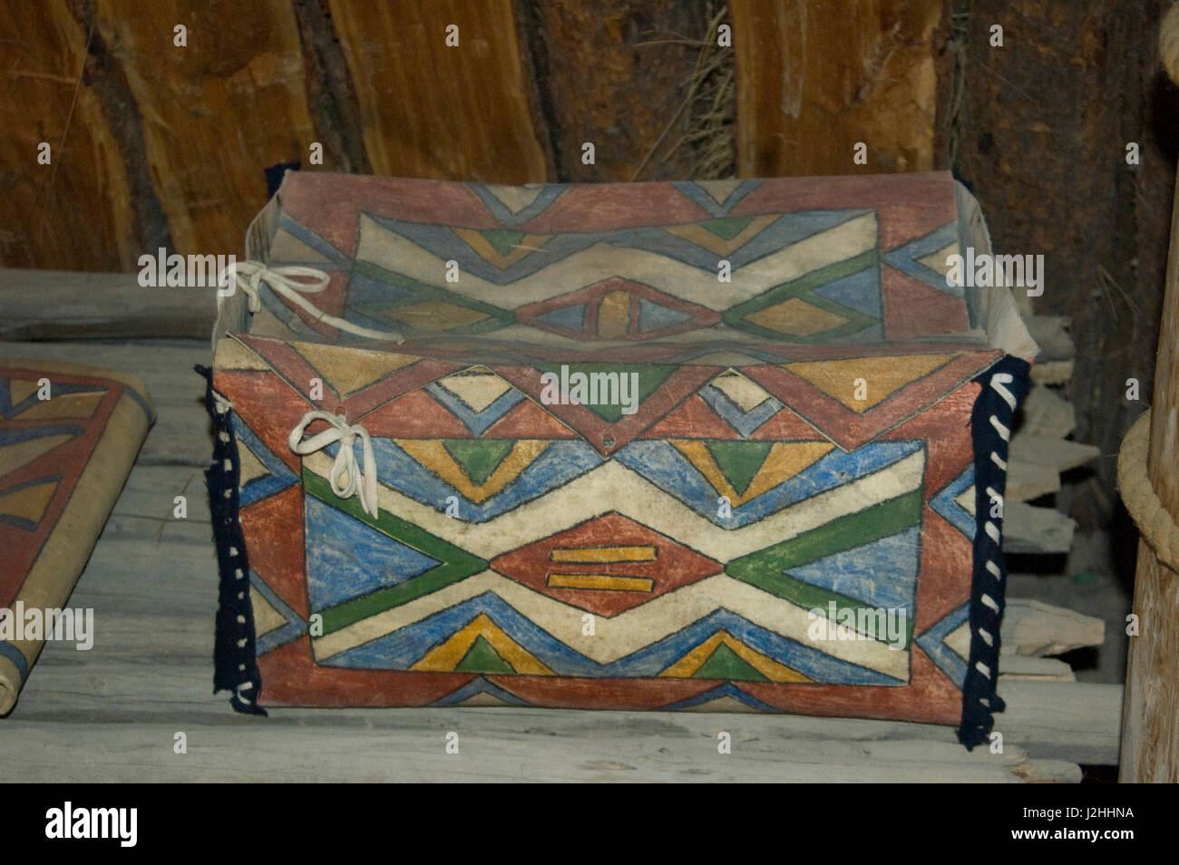 Painted Mandan storage box made from rawhide parfleche on display ...