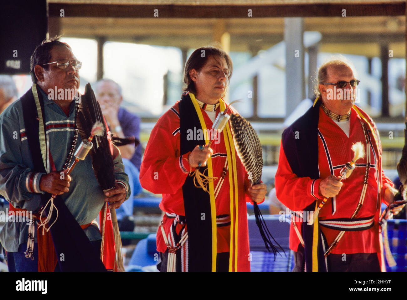 Miami Potawatomi men's gourd dancers and singers during the tribal pow ...