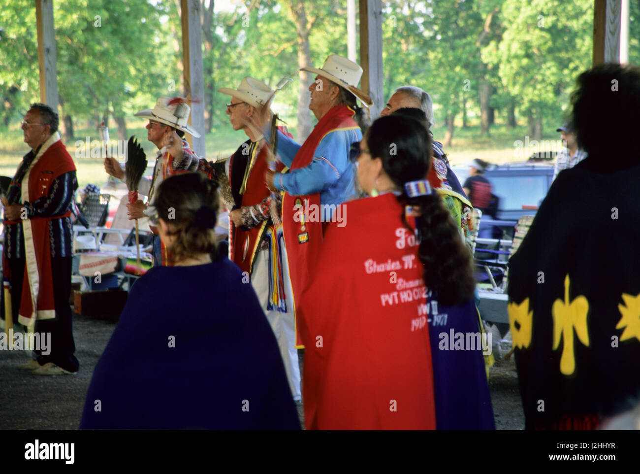 Miami Potawatomi men's gourd dancers and singers during the tribal pow ...