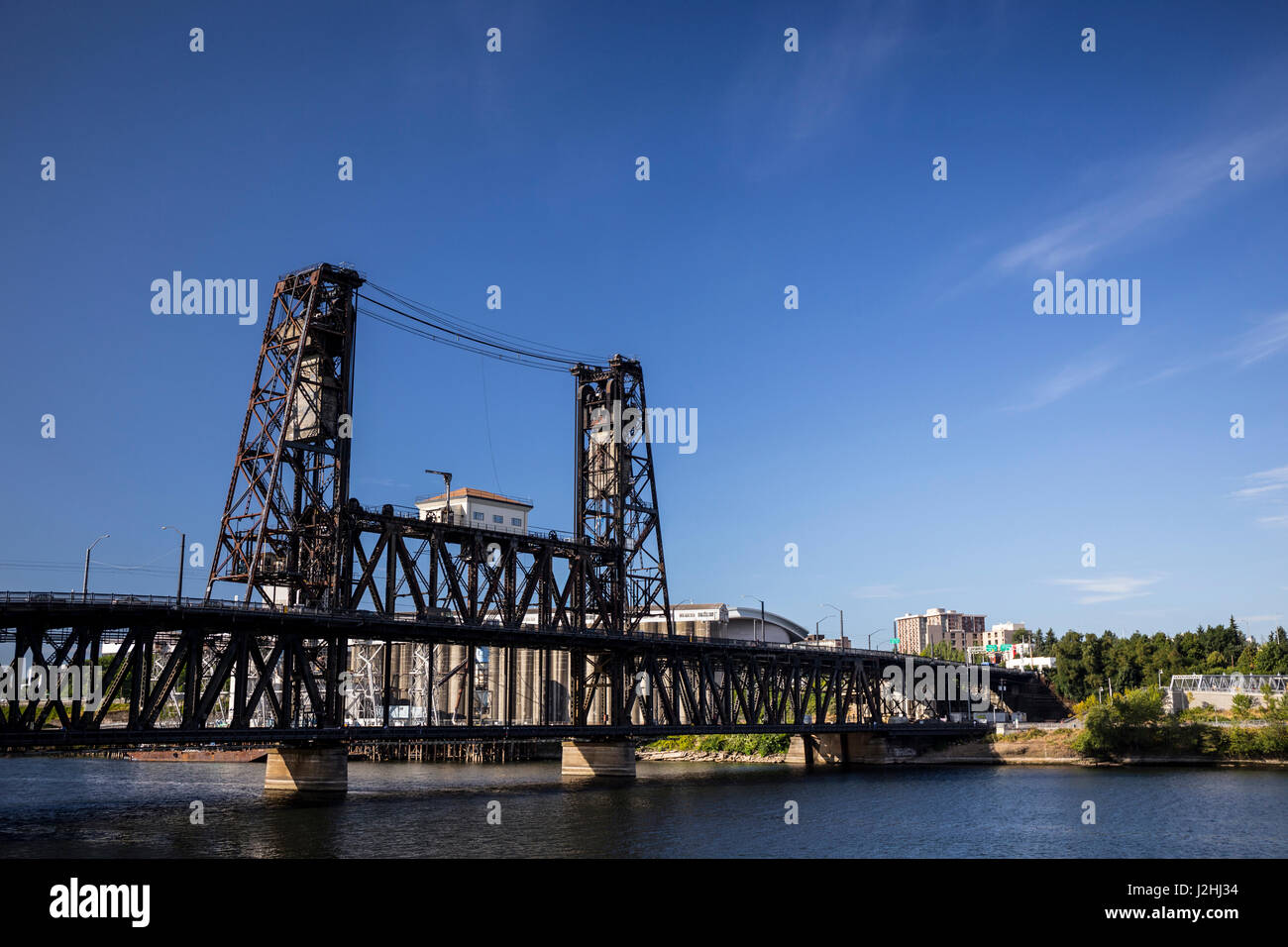 USA, Oregon, Portland. Steel Bridge spans the Willamette River and was ...