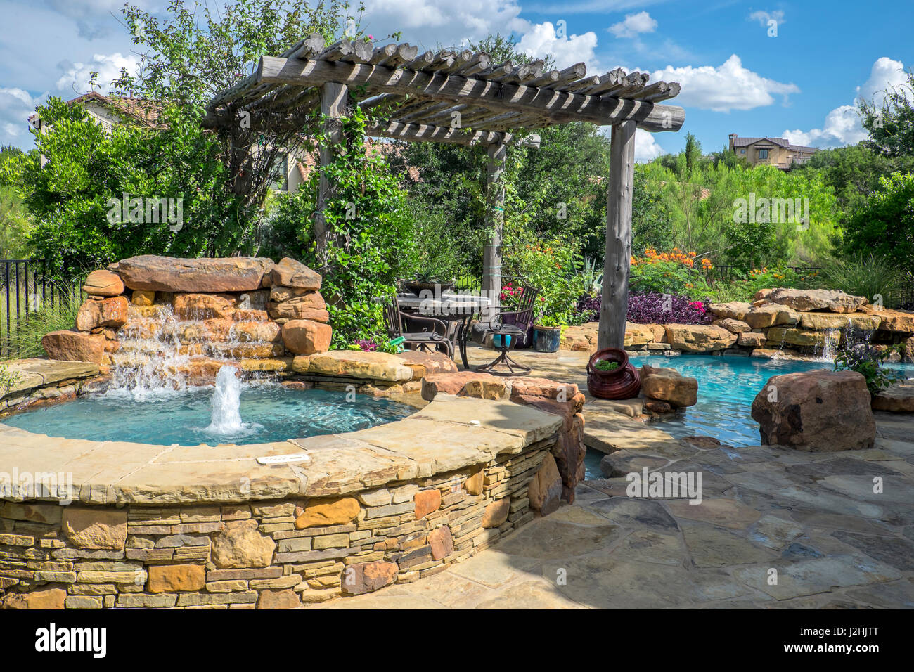 Private pool with waterfall and garden, Austin, Texas, Usa (PR Stock ...