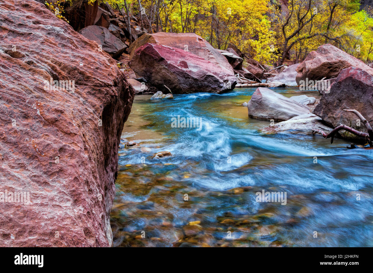 USA, Utah, Zion National Park. Stream in autumn landscape. Credit as ...