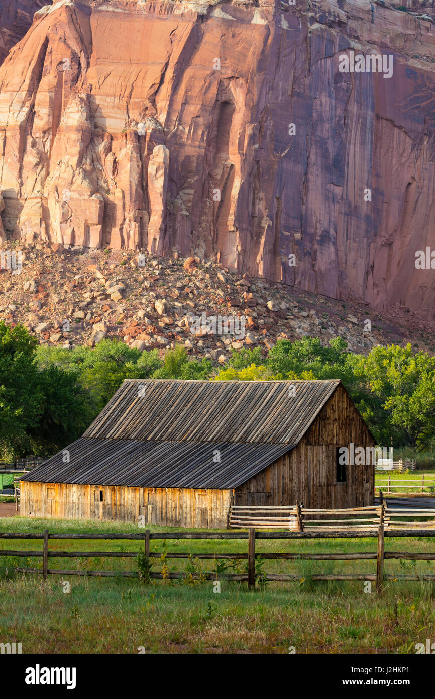 USA, Utah, Capitol Reef National Park. Historic Gifford Barn and cliff ...