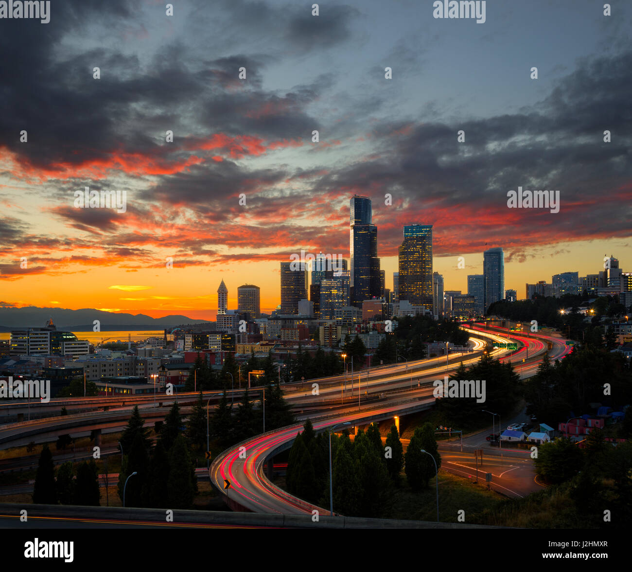 USA, Washington State, Seattle. Sunset view of downtown over I-5 from ...