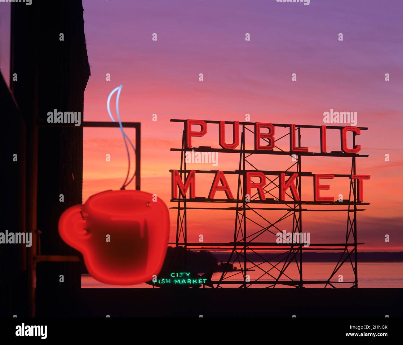 WA, Seattle, Pike Place Market, neon signs (Large format sizes ...