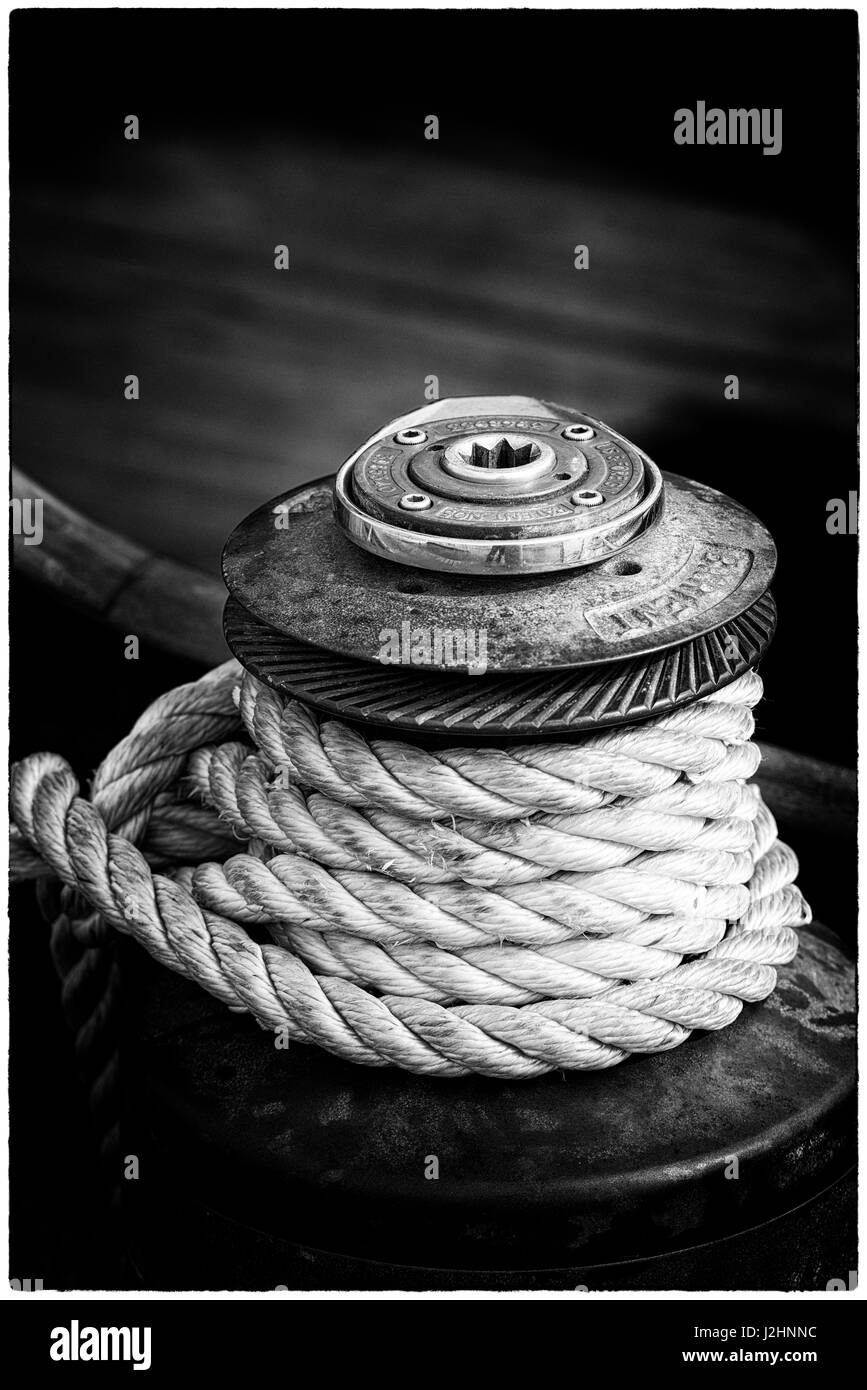USA, Washington State, Port Townsend. Barient winch on an old wood ...