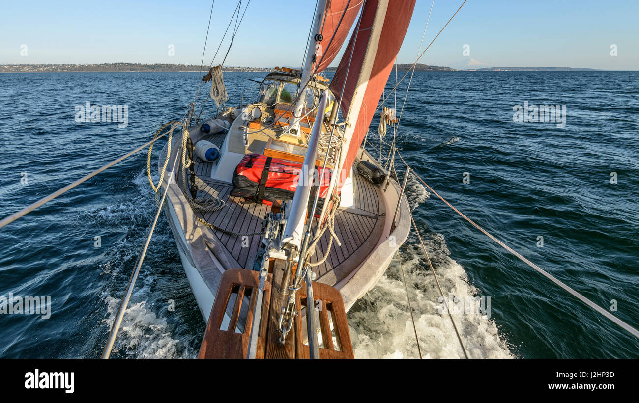 Puget Sound, WA. Wide angle view of deck of Westsail sailboat. (Large ...