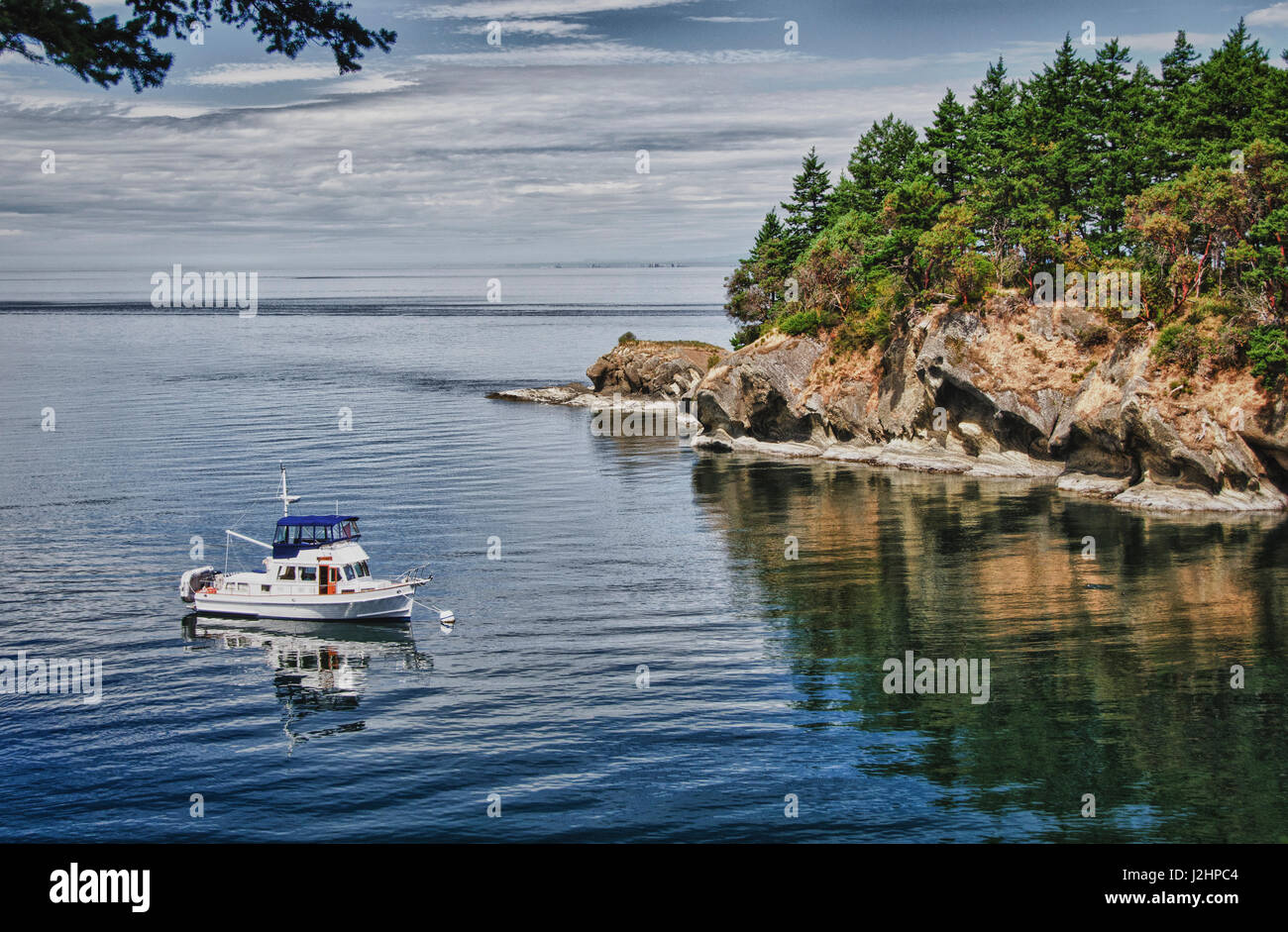 Matia Island State Park, USA, Anchored yact in a protected San Juan ...
