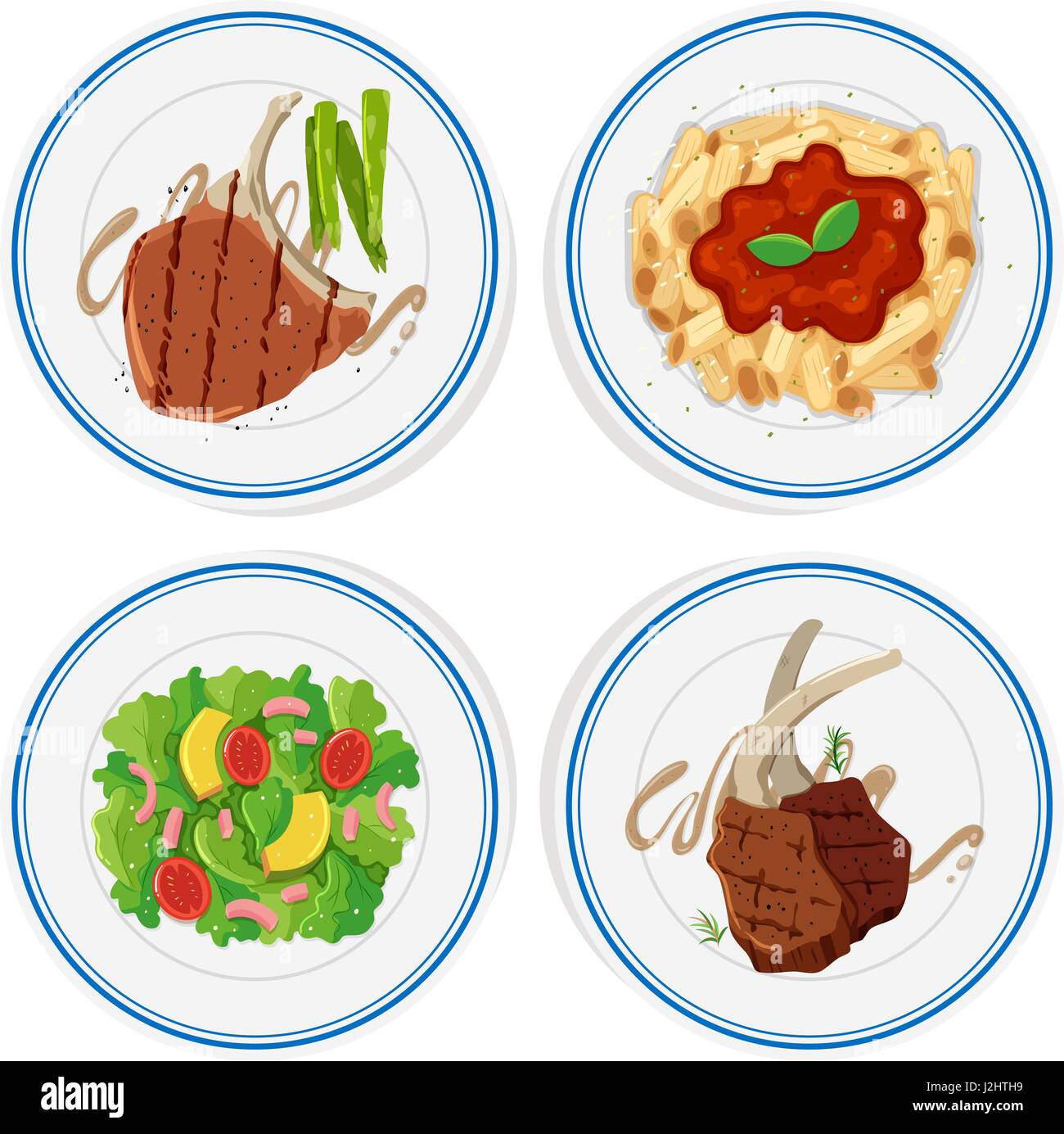 Four types of food on round plates illustration Stock Vector Image ...