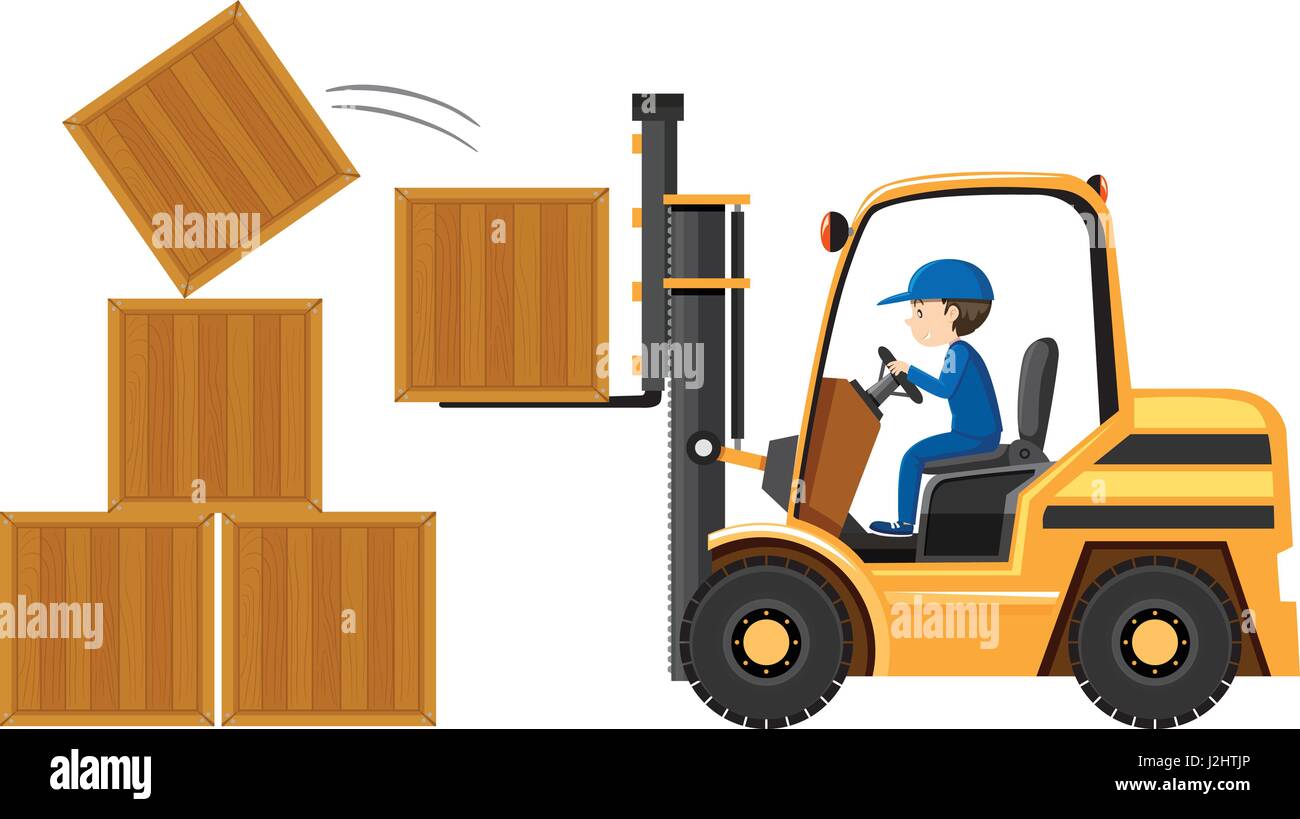 Man lifting wooden boxes with forklift illustration Stock Vector Image ...