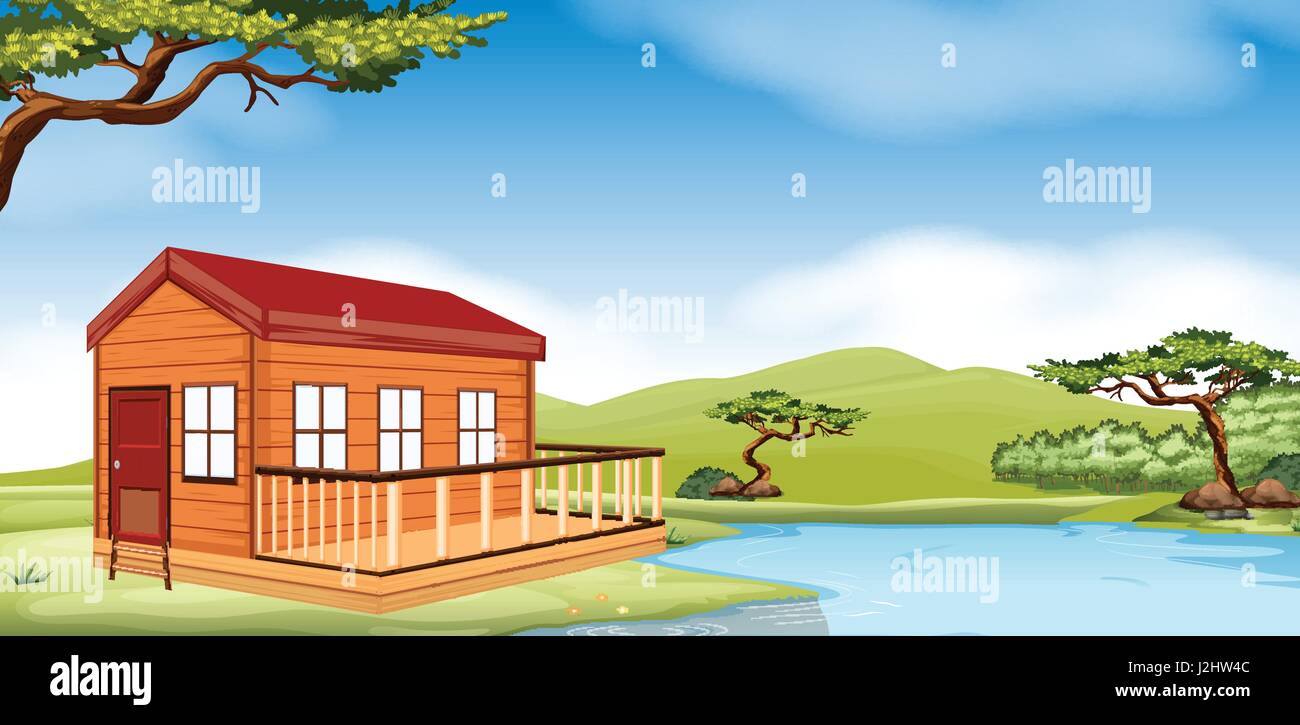 Wooden cottage by the river illustration Stock Vector Image & Art - Alamy