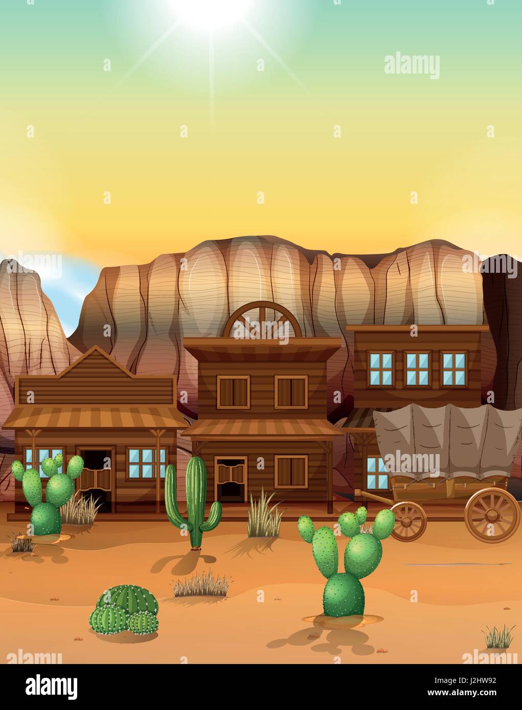 Western town with buildings and wagon illustration Stock Vector Image ...