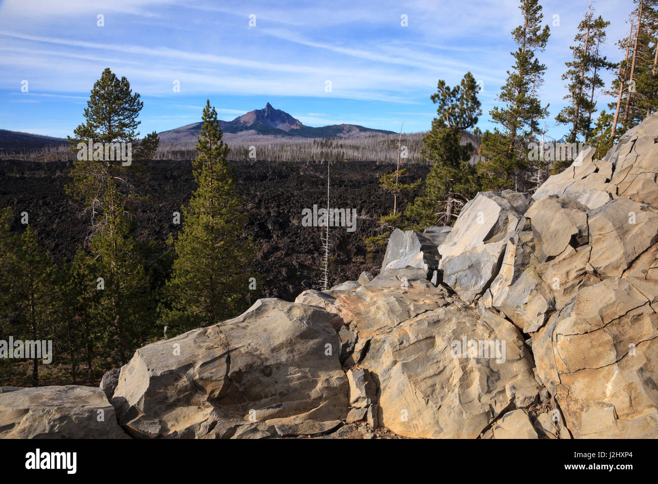 USA, Oregon, Mt. McKenzie Pass Scenic Byway, lava, and Mt. Washington ...